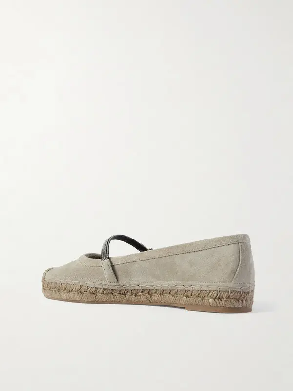 Brunello Cucinelli Bead-embellished Suede Mary Jane Espadrille Flats