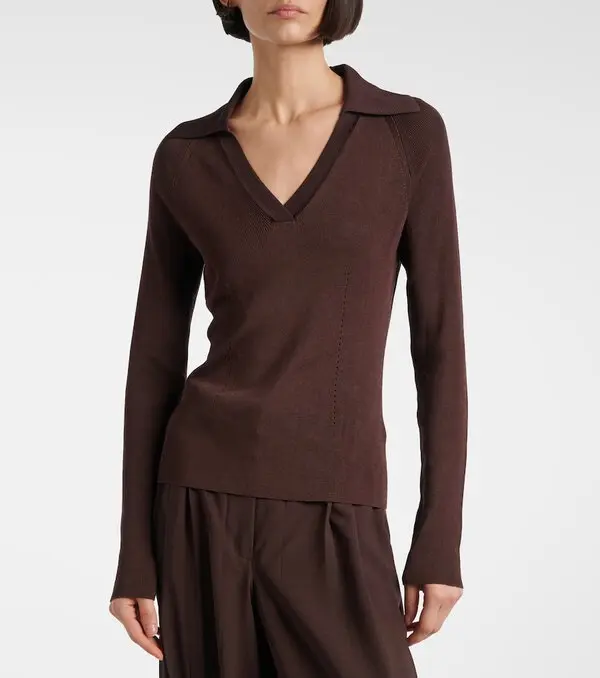JOSEPH Ribbed-knit Polo Sweater - Brown