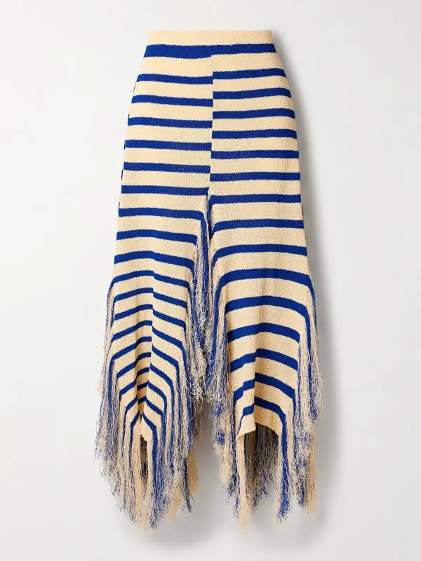 Proenza Schouler Yves Asymmetric Fringed Striped Knitted Maxi Skirt - Blue