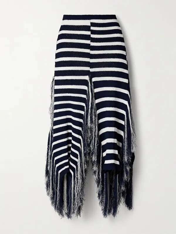Proenza Schouler Asymmetric Fringed Striped Knitted Maxi Skirt - Blue