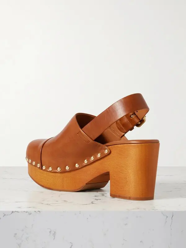 Chloé Jeannette Studded Leather Slingback Platform Clogs - Brown