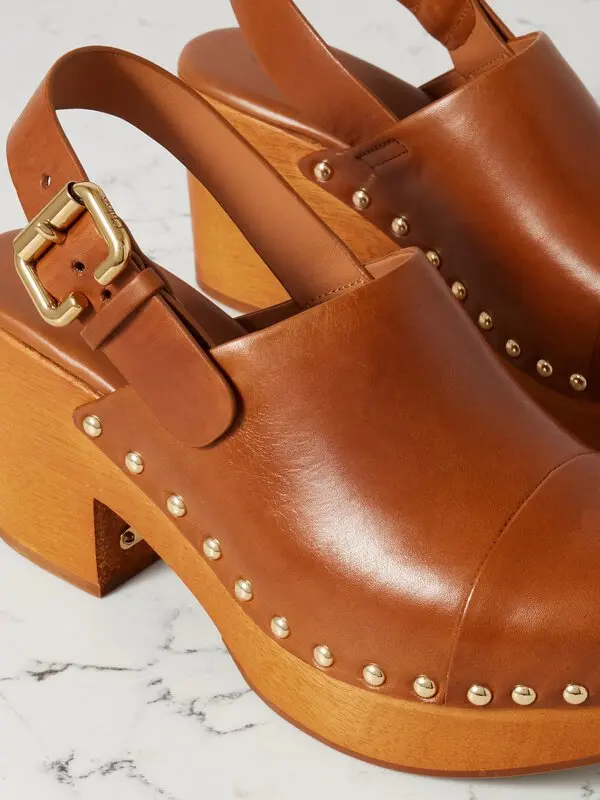 Chloé Jeannette Studded Leather Slingback Platform Clogs - Brown