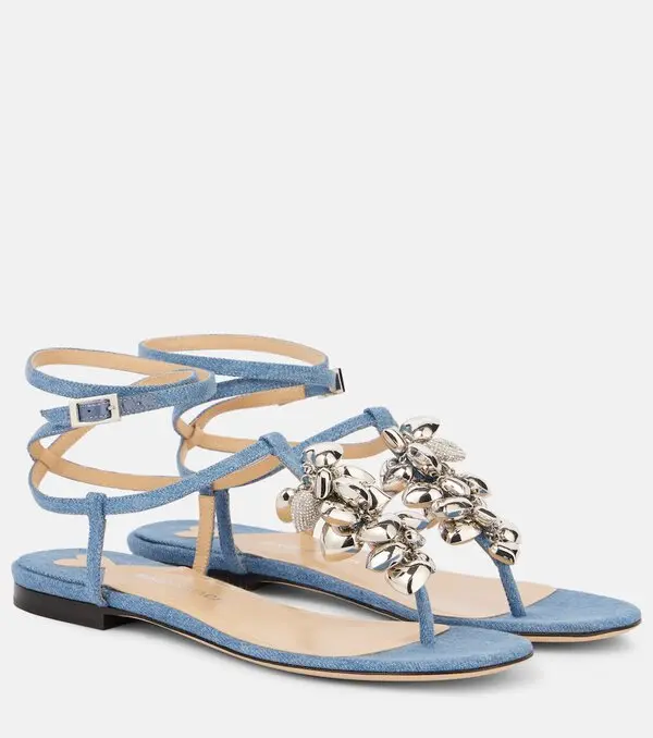 Mach & Mach Puffy Heart Embellished Denim Thong Sandals