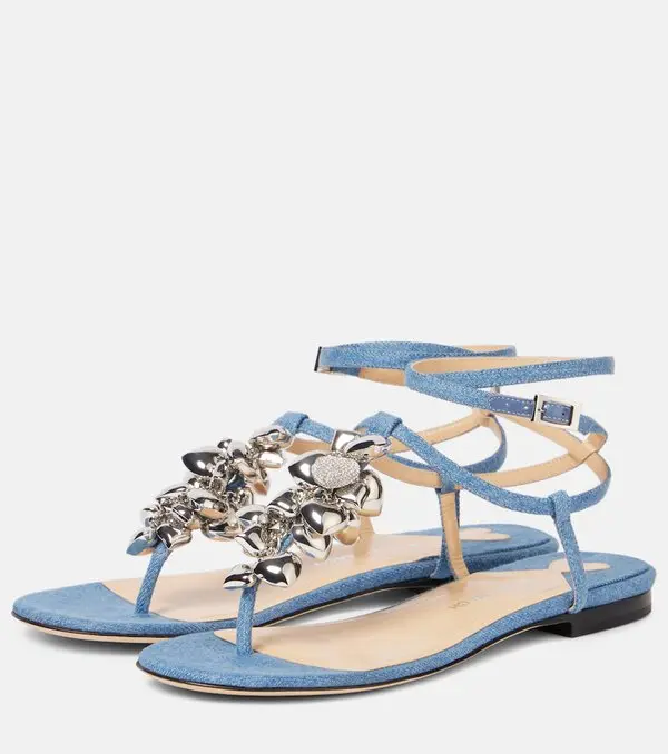 Mach & Mach Puffy Heart Embellished Denim Thong Sandals