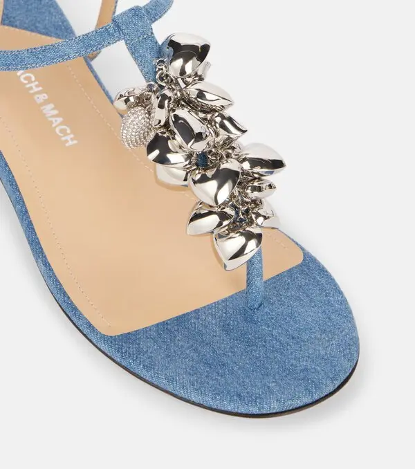 Mach & Mach Puffy Heart Embellished Denim Thong Sandals