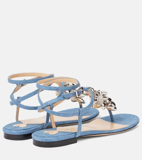 Mach & Mach Puffy Heart Embellished Denim Thong Sandals