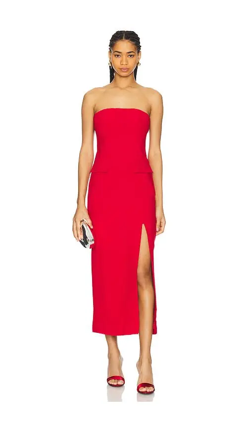 Bardot Strapless Midi Dress With Slit - Red