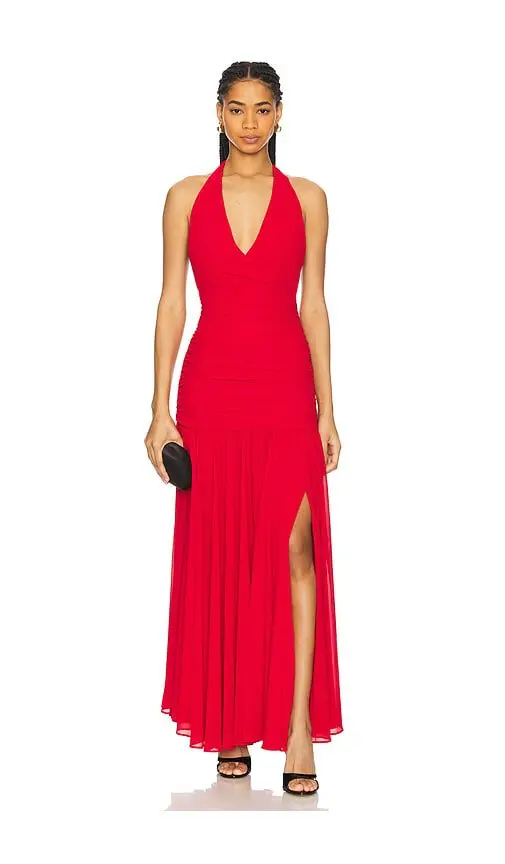Bardot Halter Neck Maxi Dress - Red