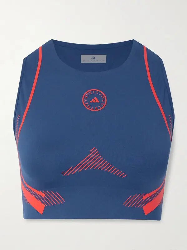Adidas By Stella McCartney True Purpose Perforated Logo-appliquéd Recycled Stretch-jersey Sports Bra - Blue