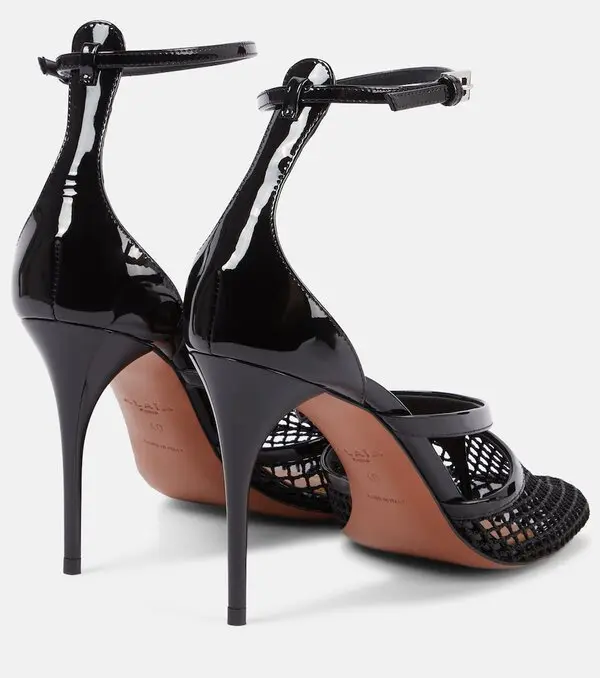 Alaïa Fishnet And Patent Leather Pumps With Ankle Strap - Black