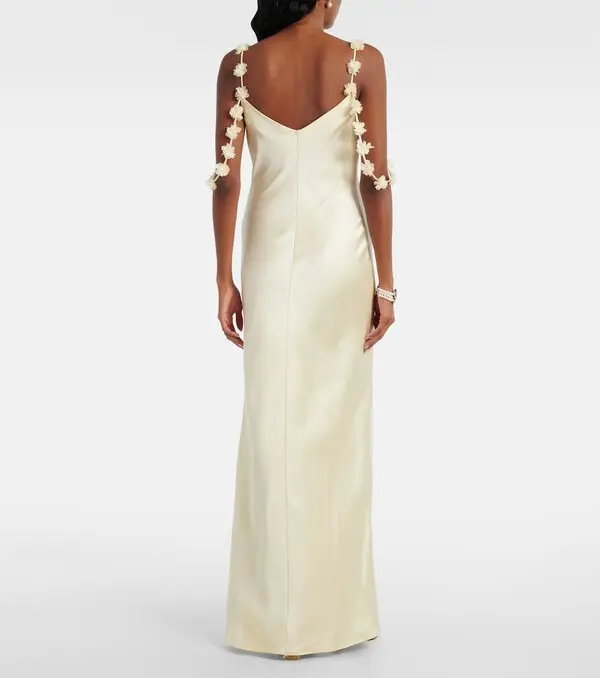 SELF-PORTRAIT Floral Appliqué Satin Maxi Dress - Yellow