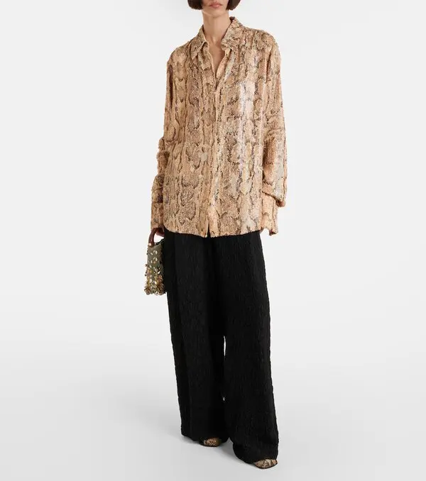Dries Van Noten Sequined Snake-effect Shirt - Brown