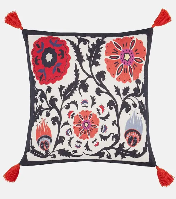 LES-OTTOMANS Flowers Printed Velvet Cushion - Multicoloured