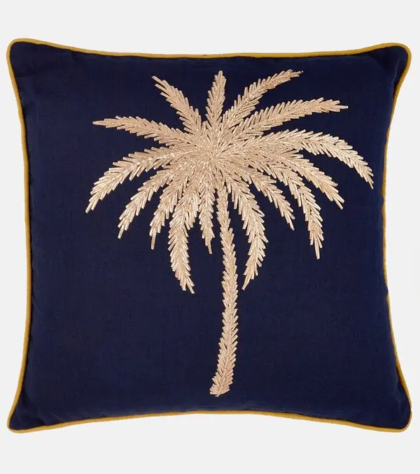 LES-OTTOMANS Embroidered Cotton Canvas Cushion - Blue