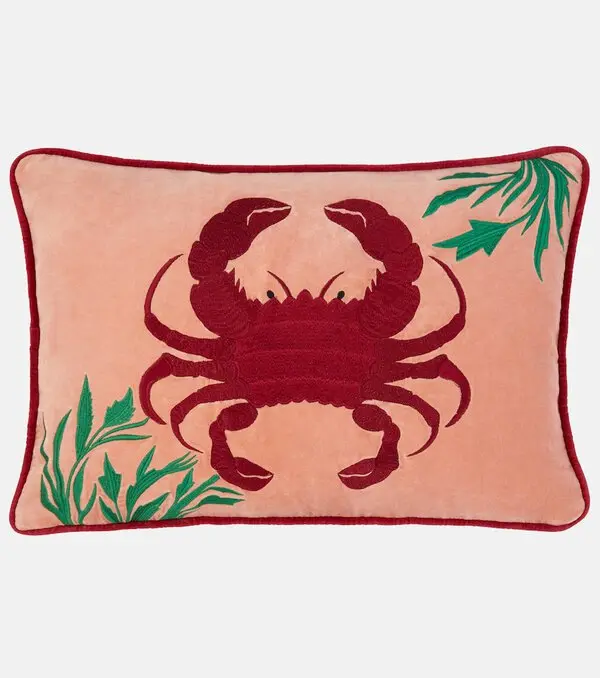 LES-OTTOMANS Crab Embroidered Velvet Cushion - Pink