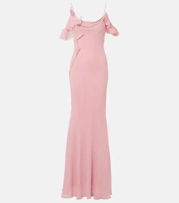 SELF-PORTRAIT Floral-applique Georgette Gown - Pink