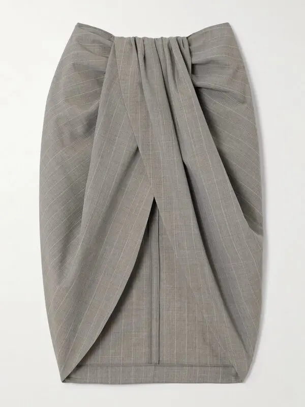 Stella McCartney Draped Striped Wool-crepe Midi Skirt - Gray