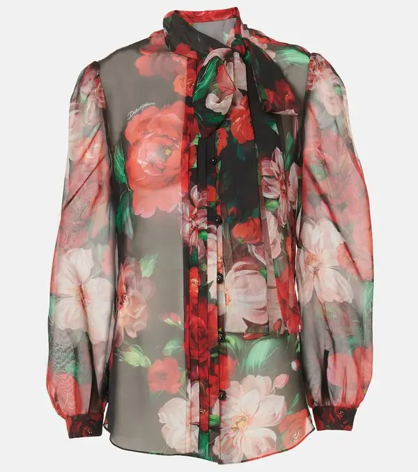 Dolce & Gabbana Floral Silk Organza Tie-neck Blouse - Multicoloured