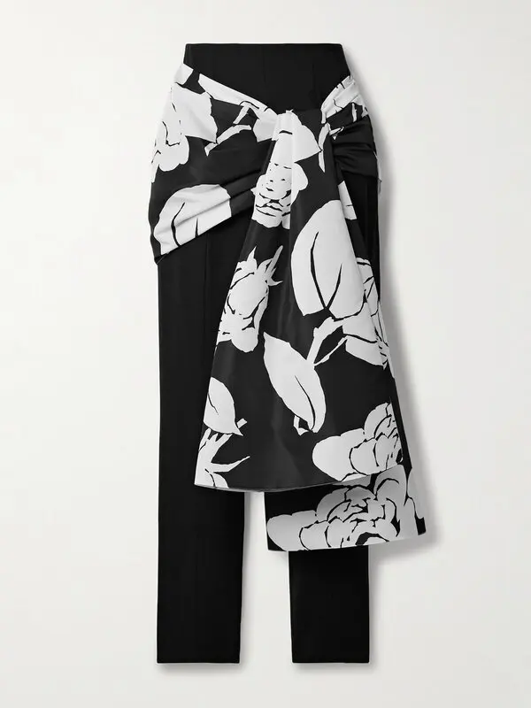 Carolina Herrera Draped Floral-print Faille And Crepe Slim-leg Pants - Black