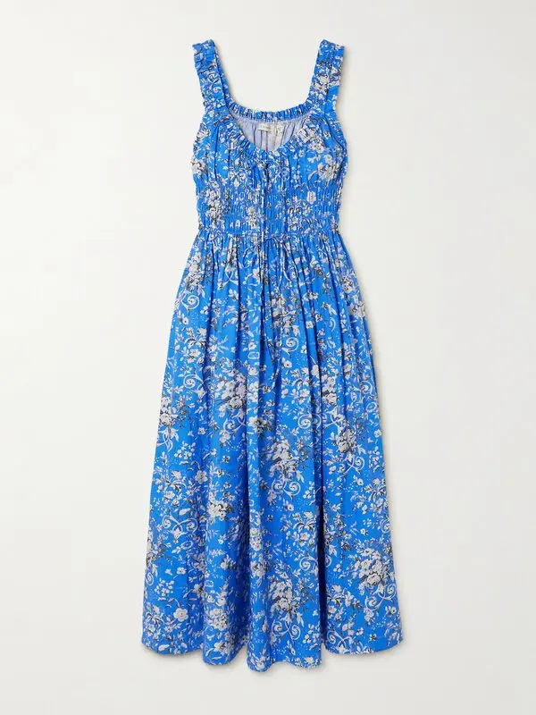 DÔEN Emmaretta Shirred Floral-print Organic Cotton-voile Midi Dress - Blue