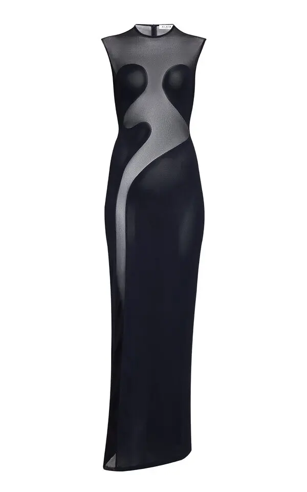 Alaïa Knit Maxi Dress With Mesh Panels - Black