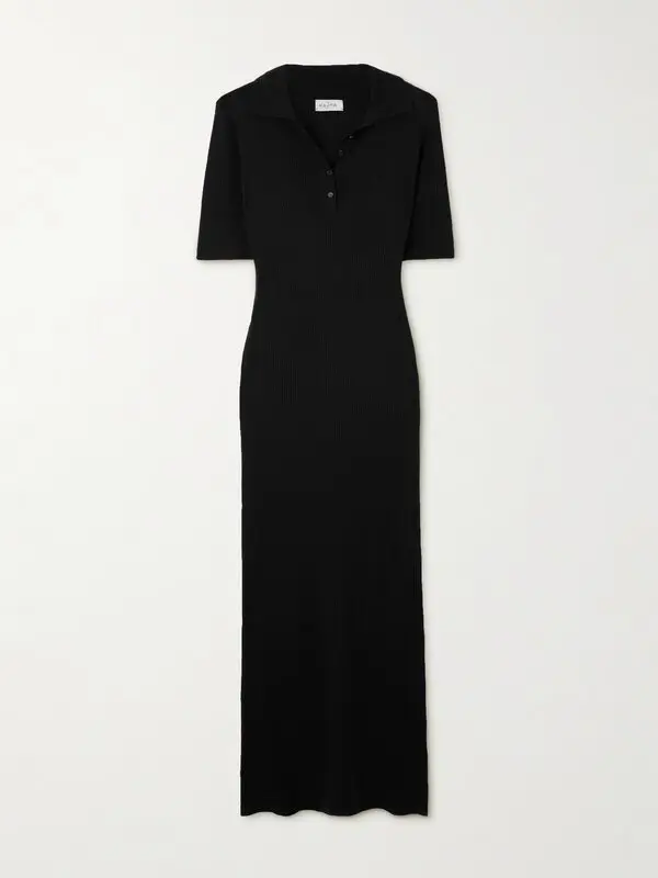 Le Kasha Ribbed Cashmere Midi Dress With Horn Buttons - Black