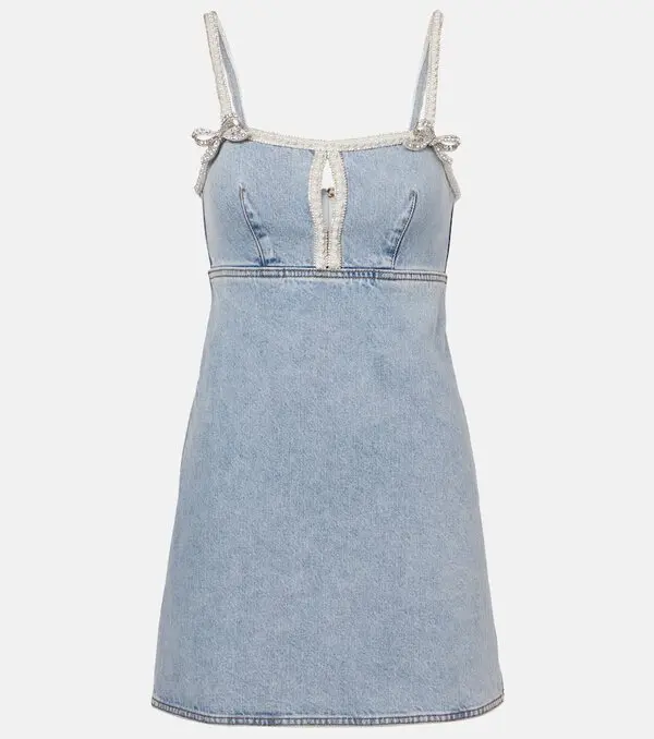 SELF-PORTRAIT Embellished Bow-detail Denim Minidress - Blue