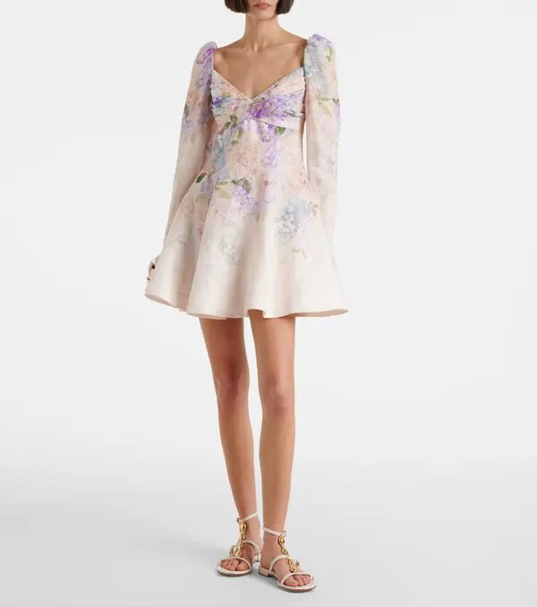 Zimmermann Dawning" Floral Puff-sleeve Linen Minidress