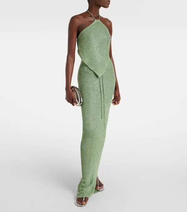 BANANHOT Sequined Knitted Maxi Skirt - Green