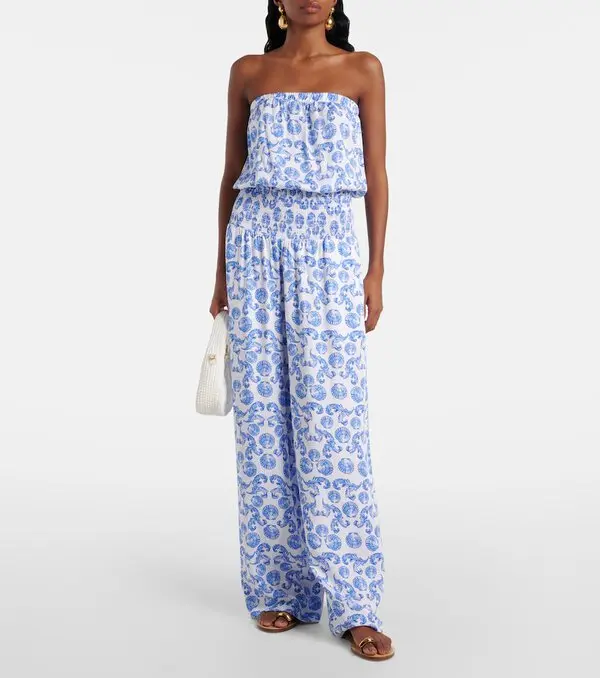 Melissa Odabash Naomi Shirred Cotton Bandeau Jumpsuit - Blue