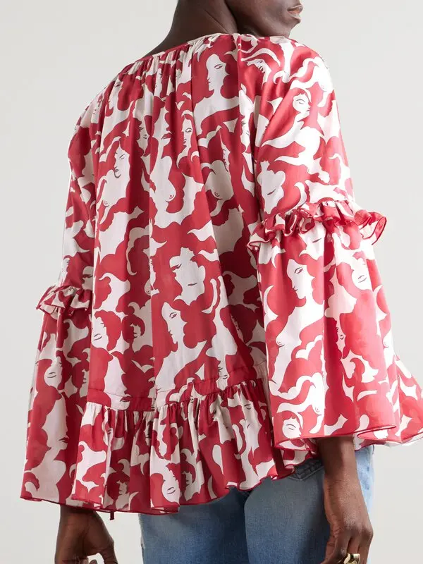 La DoubleJ X Mother Ruffled Printed Cotton Top - Red