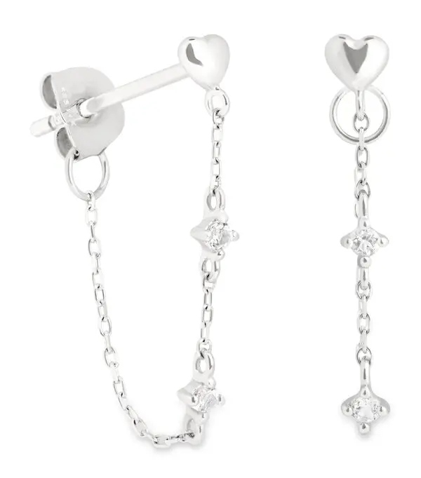 ASTRID & MIYU Heart Chain Earrings With Topaz In White Gold - Silver