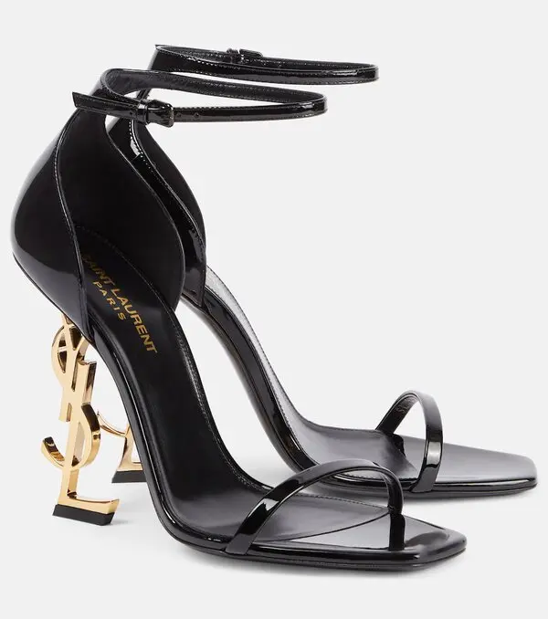 Saint Laurent Opyum Patent Leather Sandals With Gold-tone Heel - Black