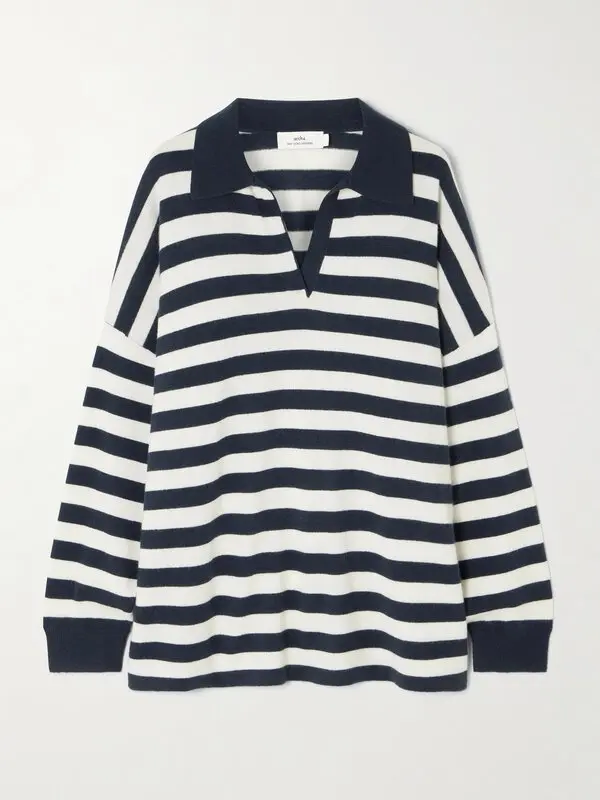 Arch4 Victoria Oversized Striped Cashmere Polo Sweater - Blue