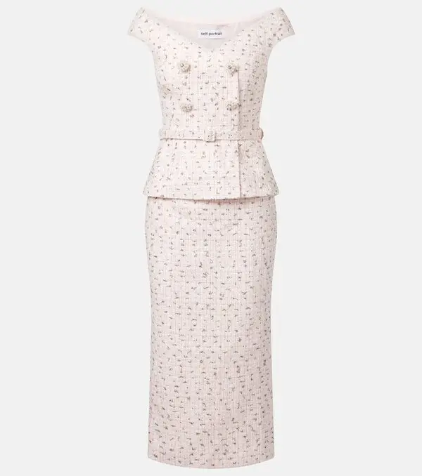 SELF-PORTRAIT Embellished Boucle Midi Dress - Beige