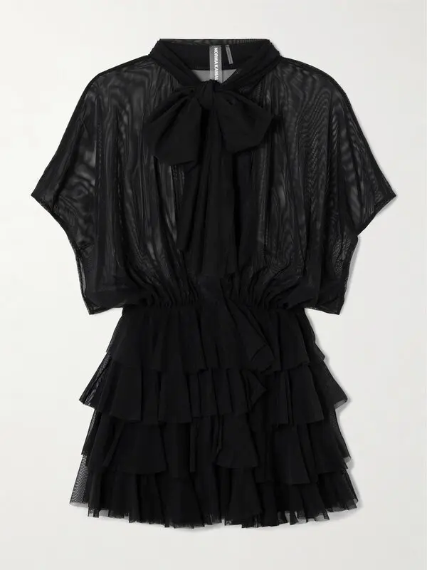 Norma Kamali Lauren Bow-detailed Tiered Ruffled Tulle Mini Dress - Black