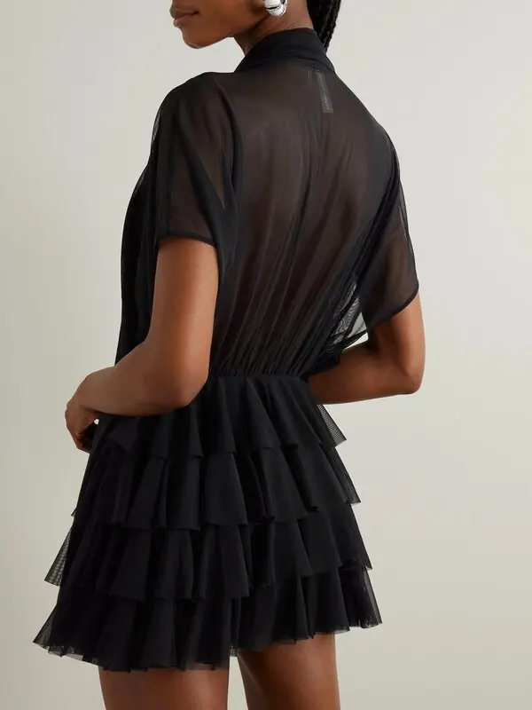 Norma Kamali Lauren Bow-detailed Tiered Ruffled Tulle Mini Dress - Black
