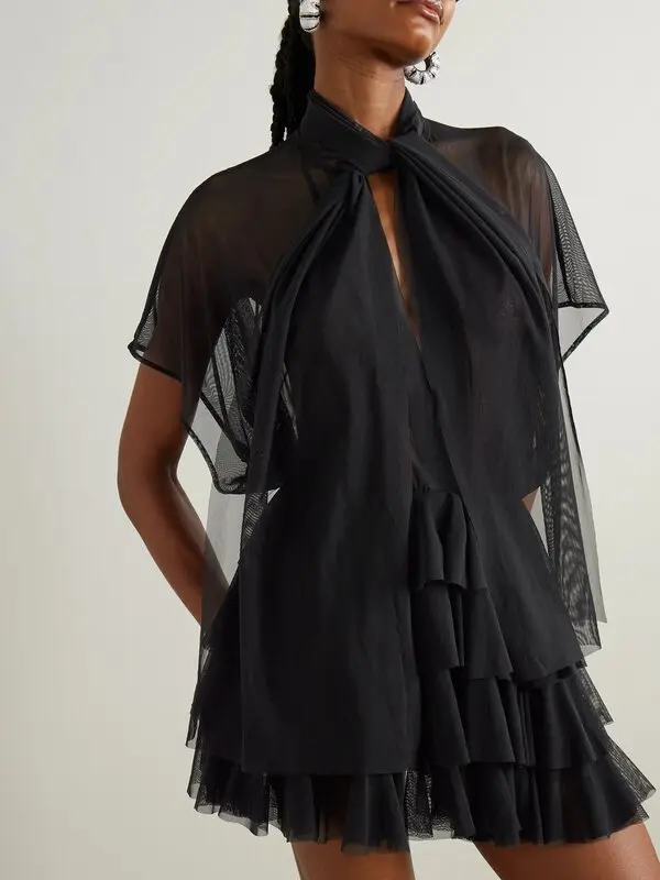 Norma Kamali Lauren Bow-detailed Tiered Ruffled Tulle Mini Dress - Black