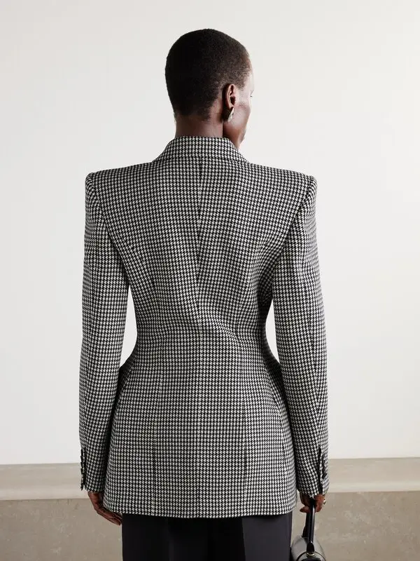 Balenciaga Hourglass Houndstooth Double-breasted Wool Blazer - Gray