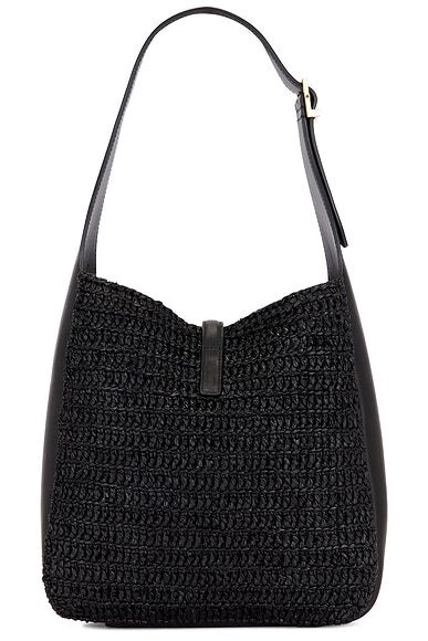 Saint Laurent Small Le 5 A 7 Hobo Bag In Raffia And Leather - Nero