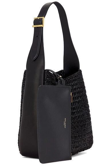 Saint Laurent Small Le 5 A 7 Hobo Bag In Raffia And Leather - Nero