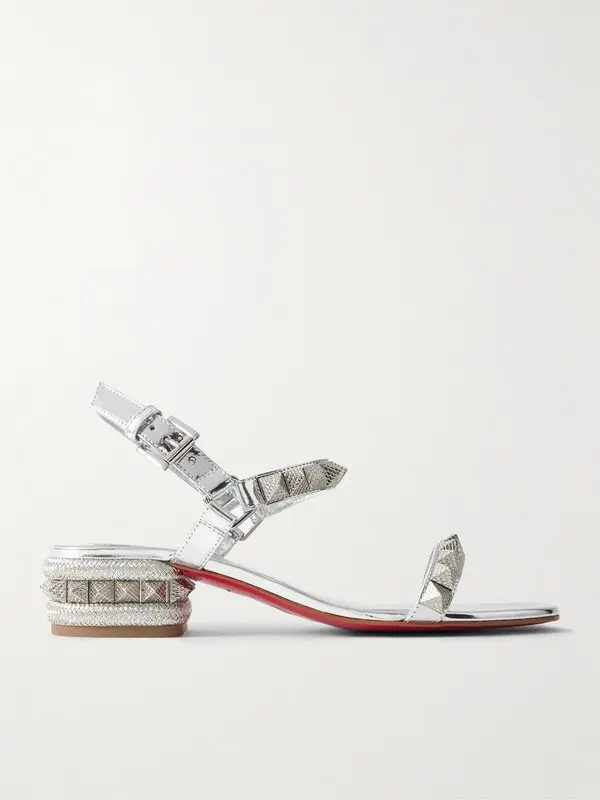CHRISTIAN LOUBOUTIN Pyrasand 30 Studded Mirrored-leather Block Heel Sandals - Silver