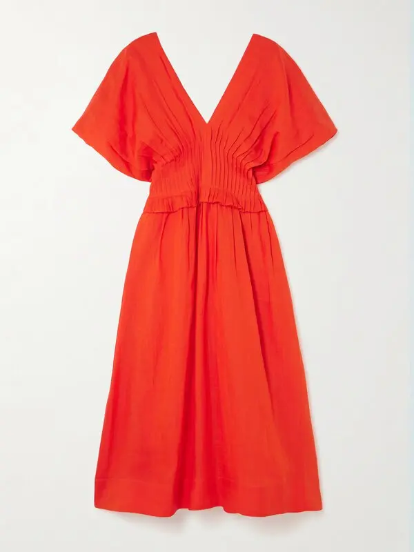 Sea Zora Pleated Ramie Midi Dress - Red