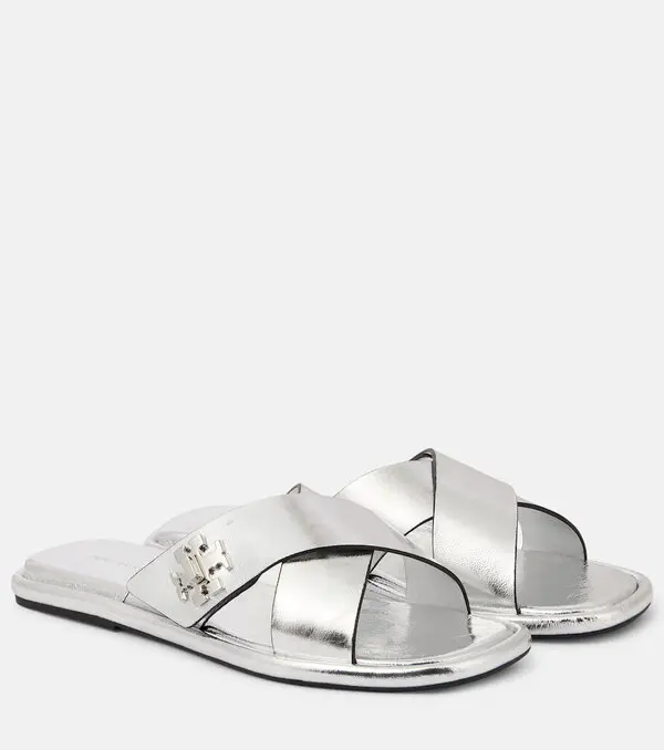 Tory Burch Metallic Leather Slides - Silver