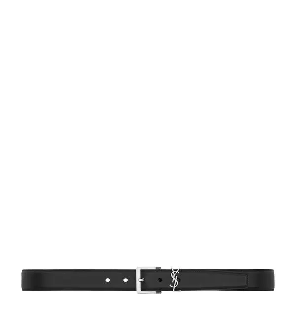 Saint Laurent Slim Calfskin Leather Belt With Gold-tone Monogram - Black