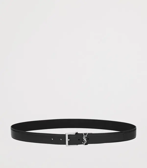 Saint Laurent Slim Calfskin Leather Belt With Gold-tone Monogram - Black