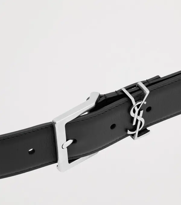 Saint Laurent Slim Calfskin Leather Belt With Gold-tone Monogram - Black
