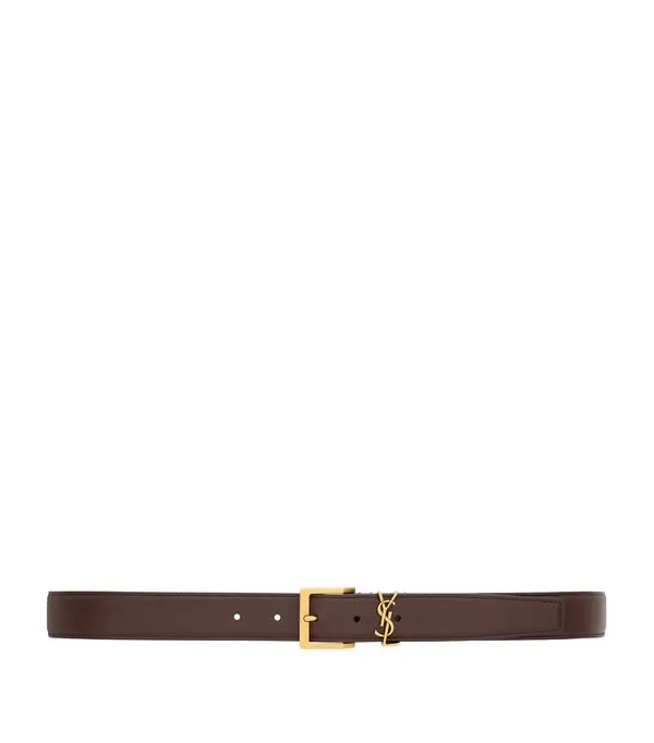Saint Laurent Slim Calfskin Leather Belt With Gold-tone Monogram - Brown