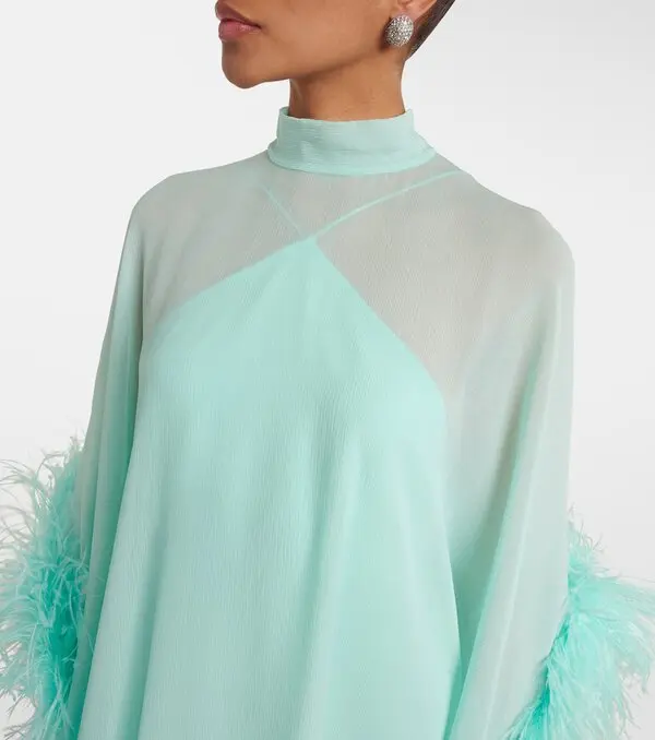 TALLER MARMO Penelope Feather-trimmed Silk Kaftan - Blue