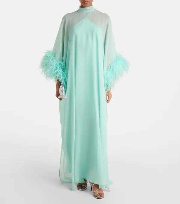 TALLER MARMO Penelope Feather-trimmed Silk Kaftan - Blue